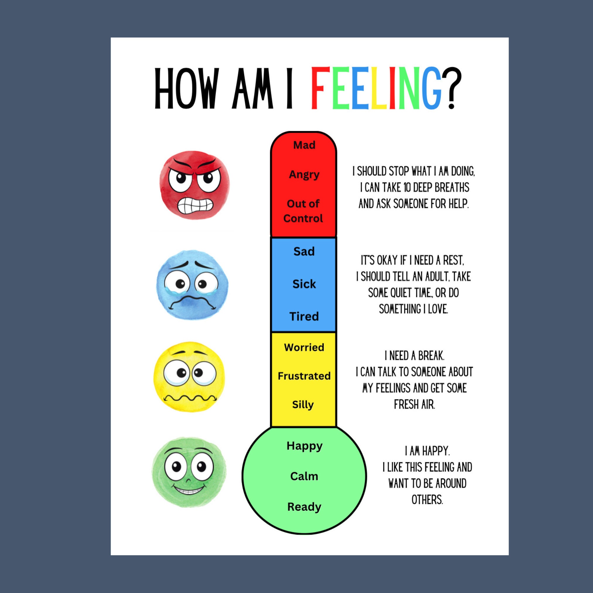 Feelings Thermometer 12 Flashcards, Emotional Regulation, Feelings ...