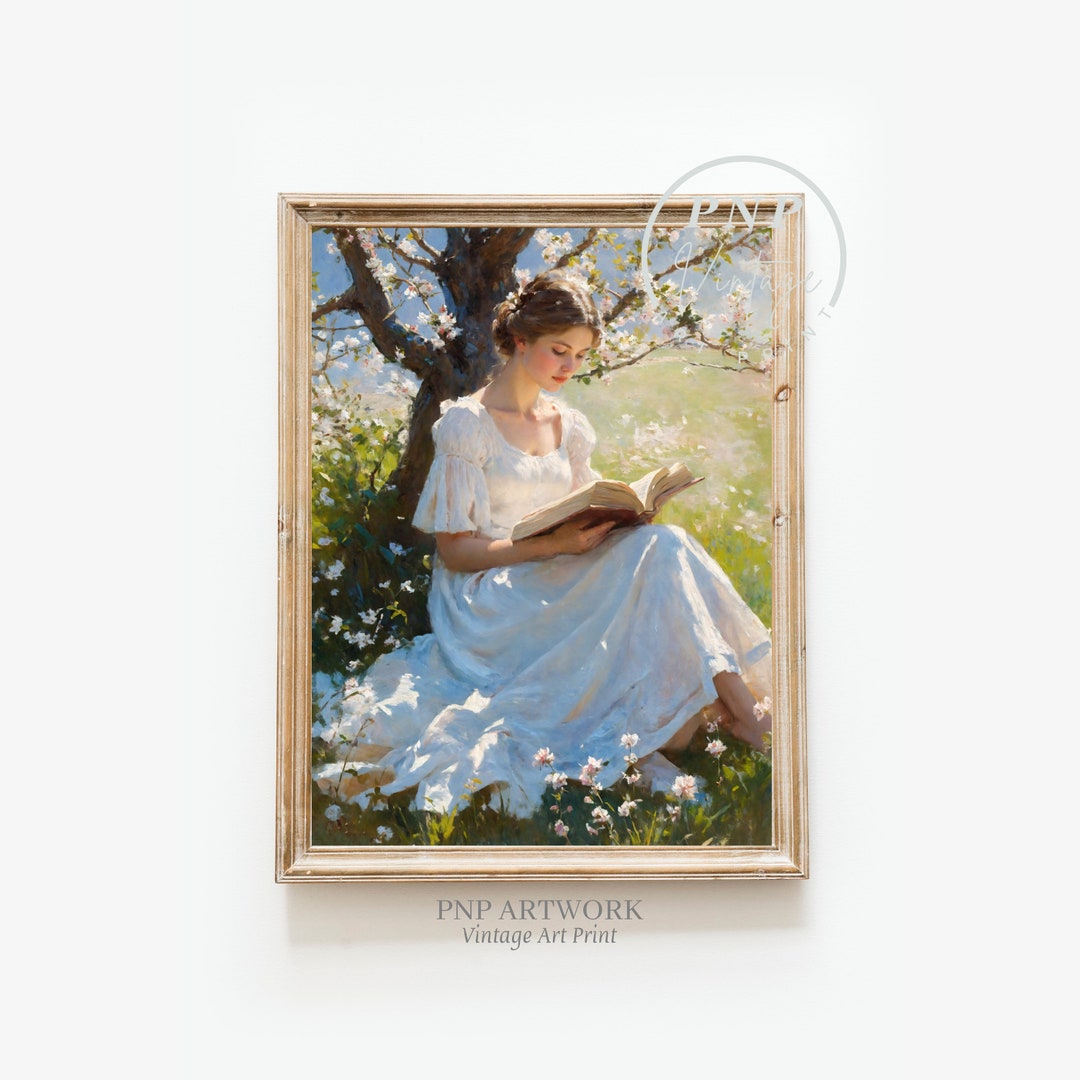 Woman Reading Under Tree Print | Floral Landscape Art | Elegant ...