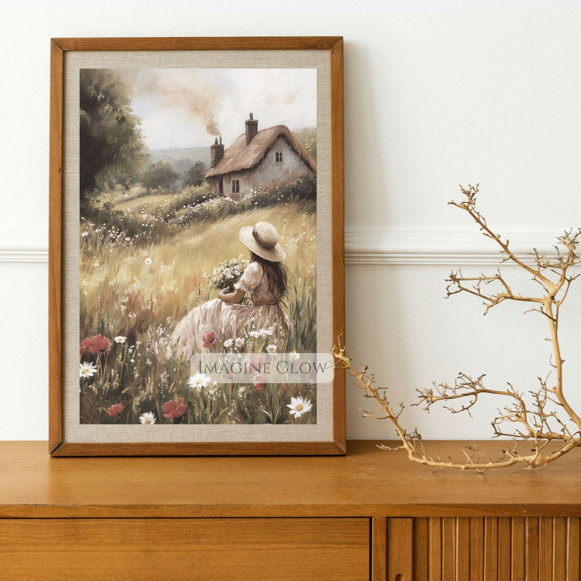 Woman in Spring Meadow Art Print Vintage Lady Picking Flowers Portrait ...