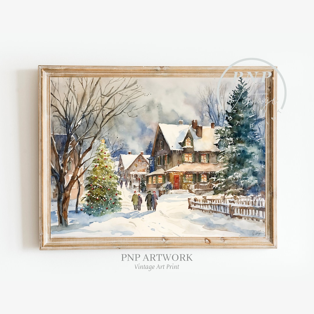 Vintage Christmas Village Art Print Winter Festival Poster Holiday Wall ...