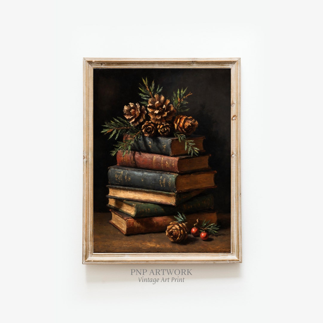 Rustic Christmas Print - Vintage Bookstore Decor - Old Books ...