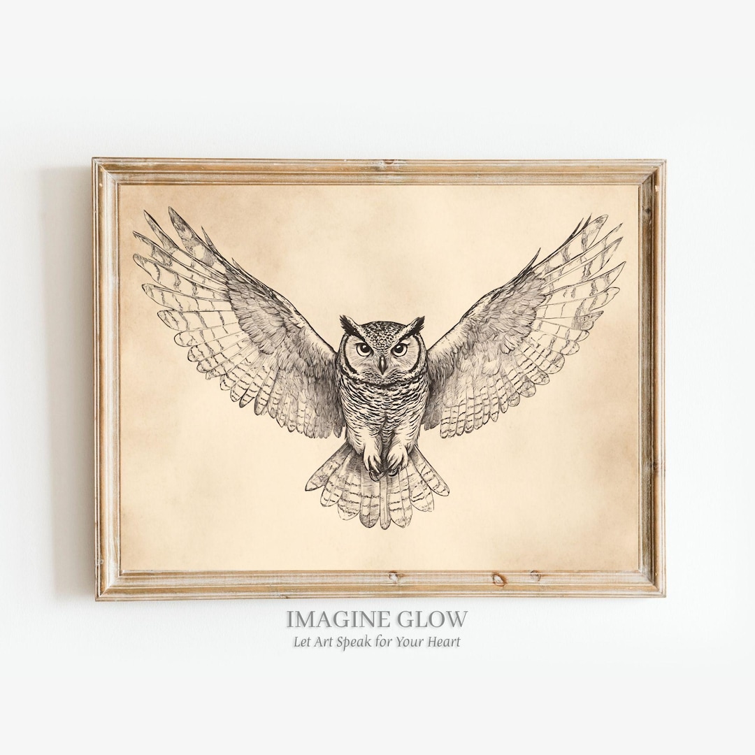 Owl Sketch Vintage Art Print Rustic Flying Owl Wall Decor Antique Bird ...