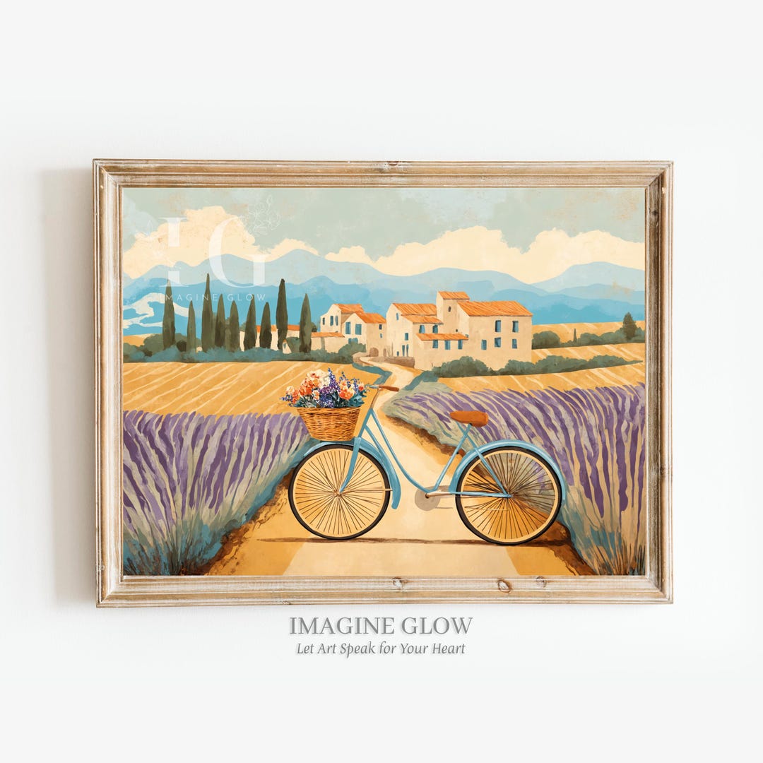 Bike Print French Countryside Art Lavender Fields Charming Village ...