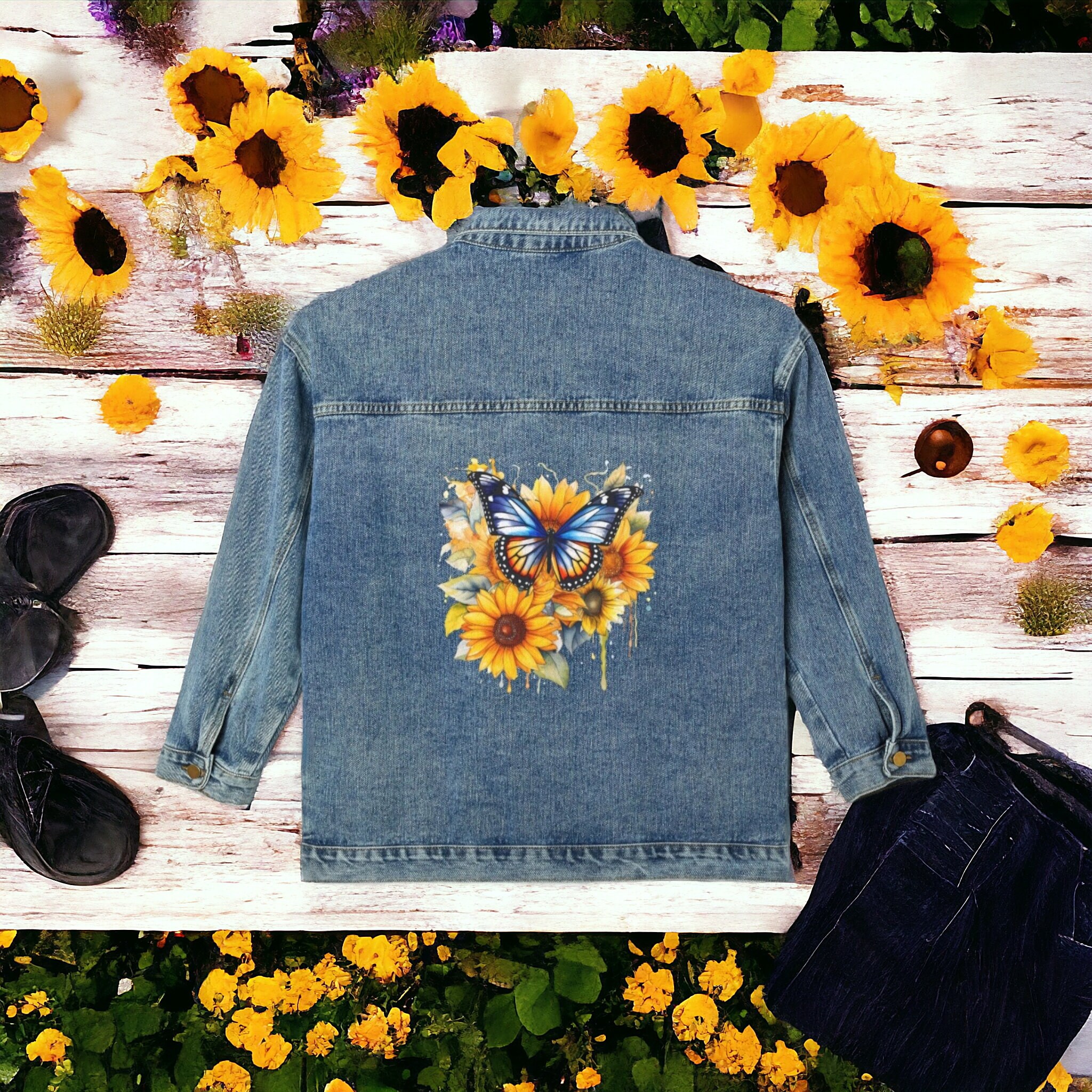 Butterfly Sunflower Oversized Denim Jacket Gift Idea for Her Gift Jean ...