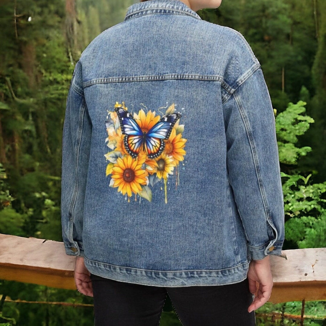 Butterfly Sunflower Oversized Denim Jacket Gift Idea for Her Gift Jean ...