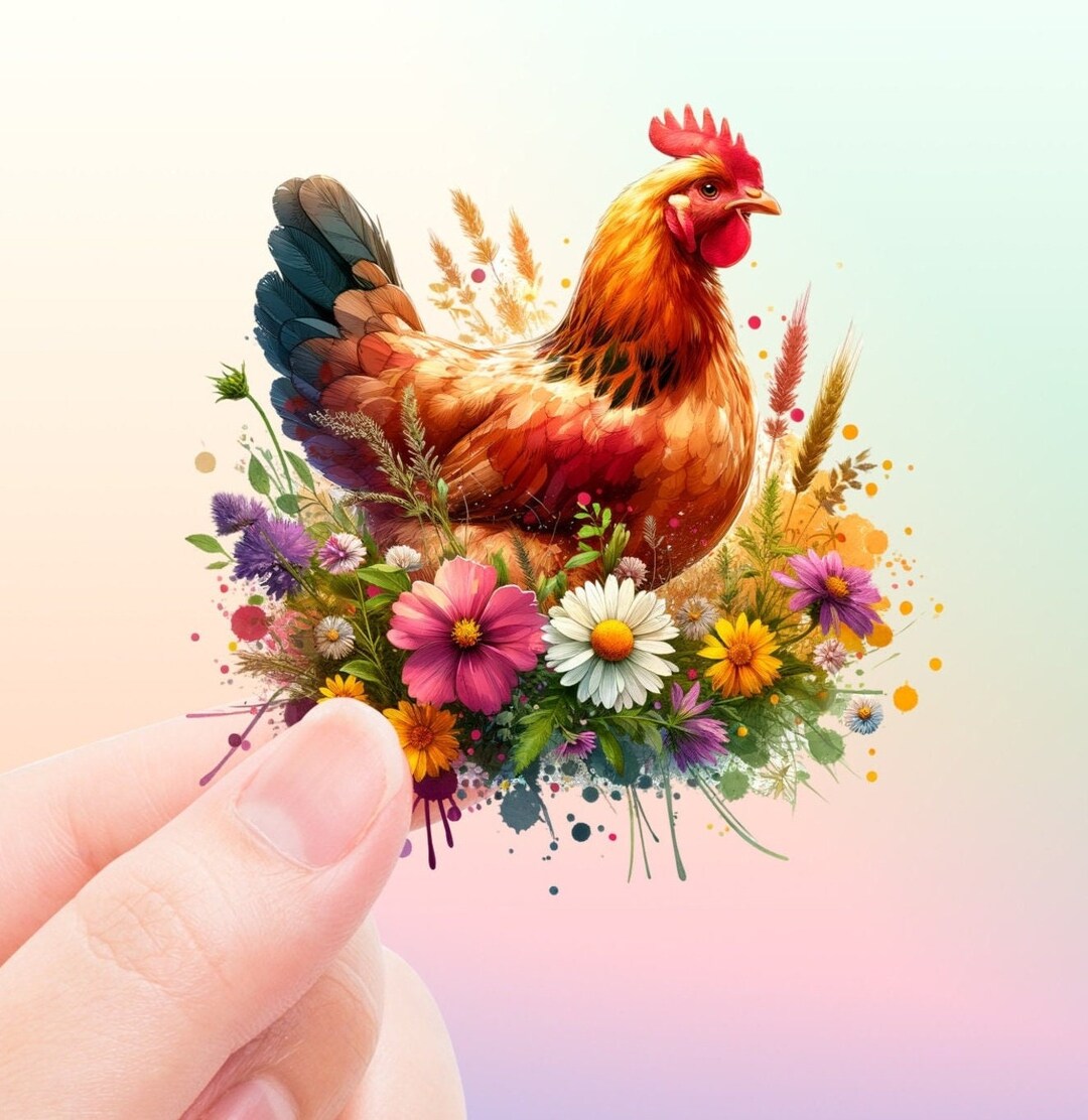 Chicken With Floral Designs Transparent Edge Sticker Chicken and Floral ...