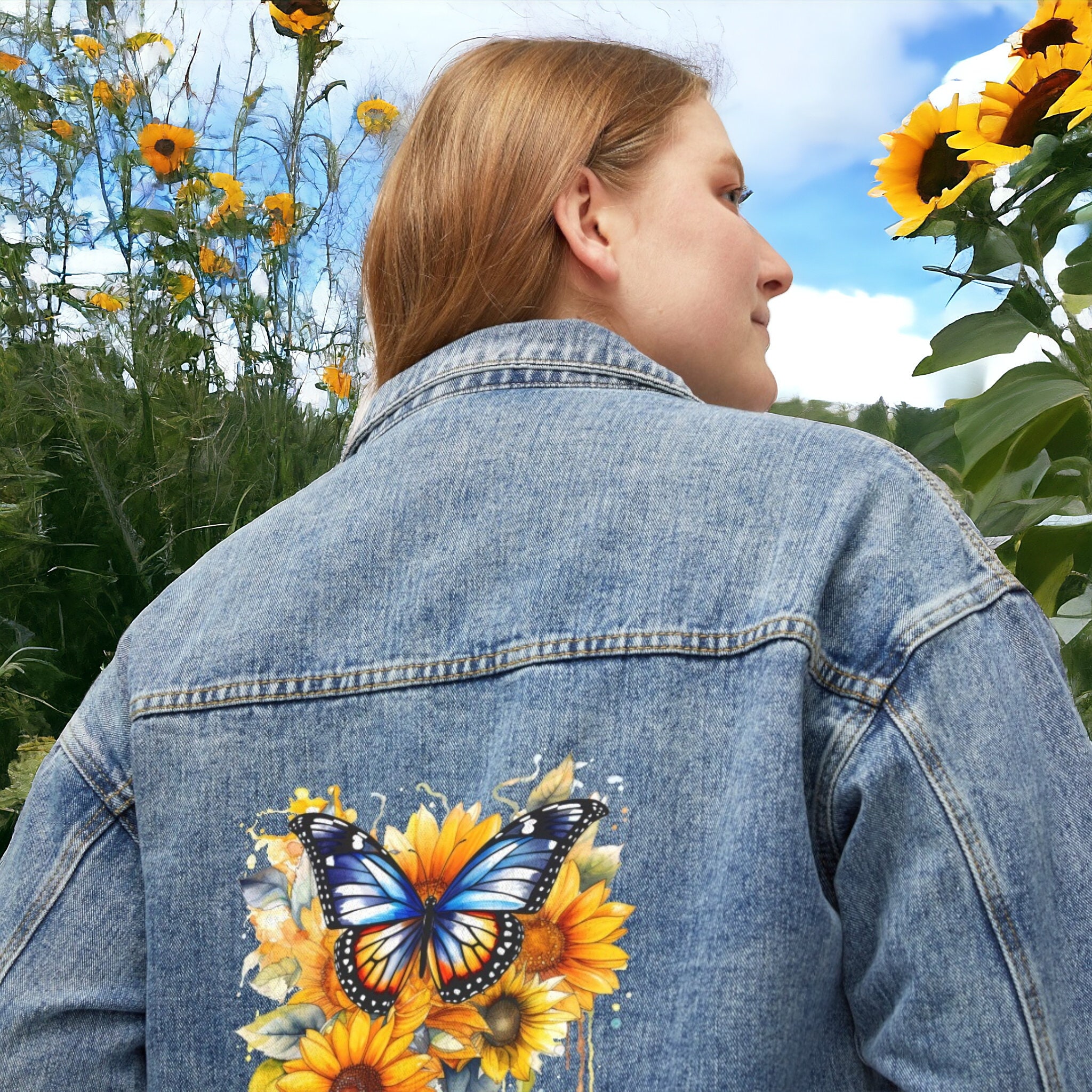 Butterfly Sunflower Oversized Denim Jacket Gift Idea for Her Gift Jean ...