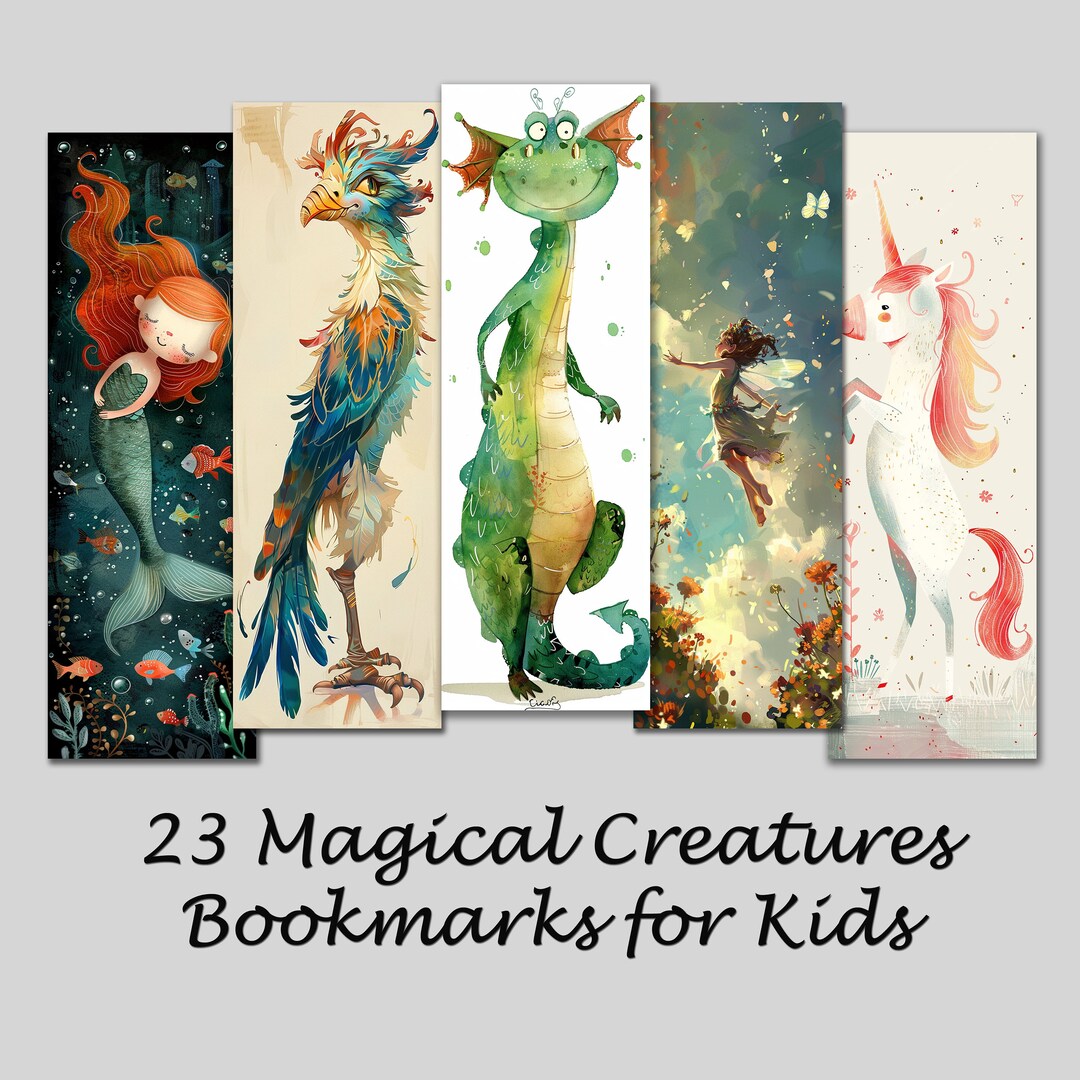 23 Magical Creatures Bookmarks for Kids, 2x6 PNG, Pet Illustrations for ...