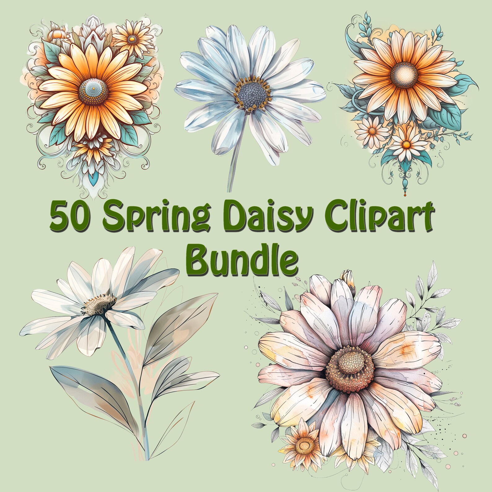 50 Spring Daisy Clipart Bundle, Comfort Colors, Pastels, Transparent ...