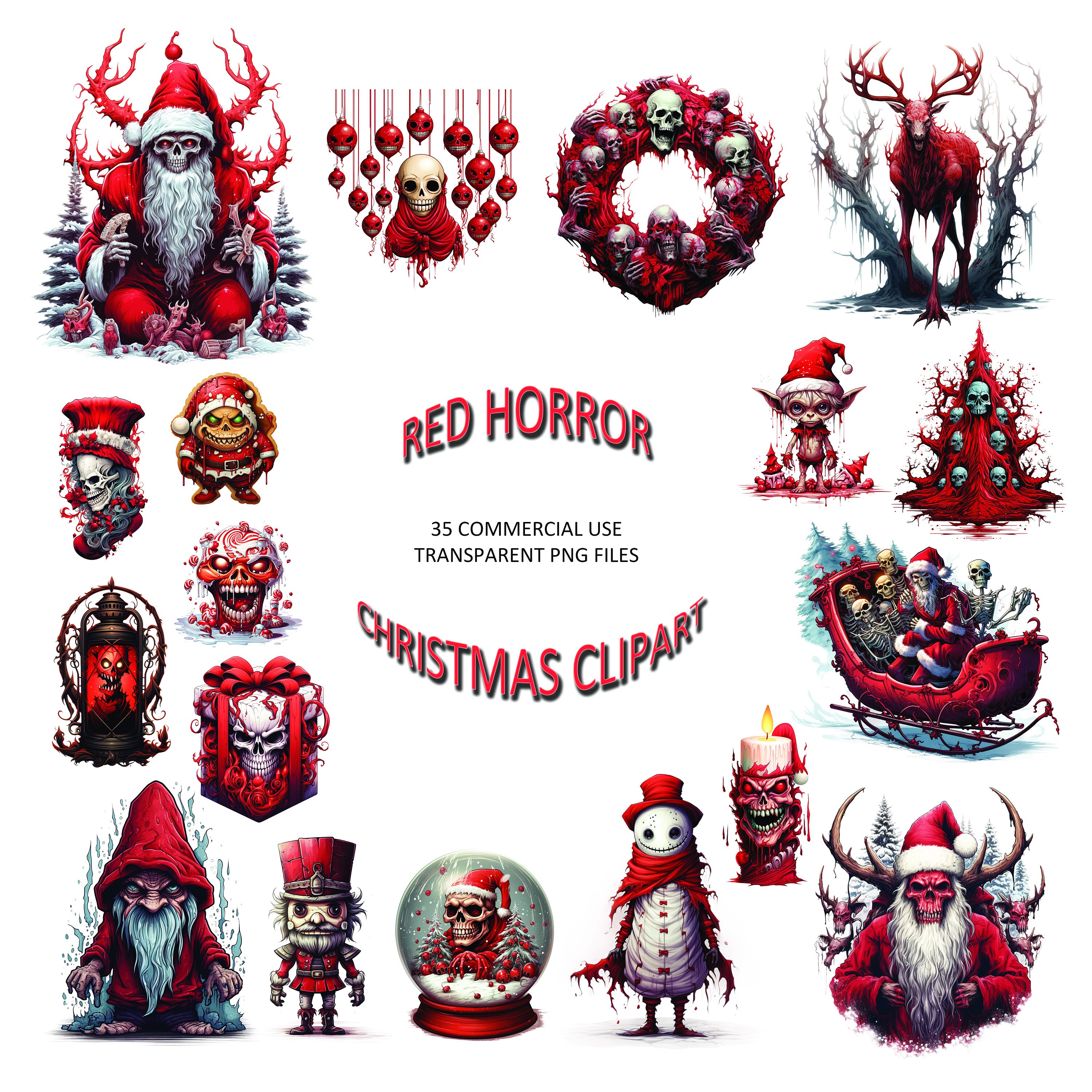 Red Horror Christmas Clipart PNG Set, 35 Commercial Use Transparent PNG ...