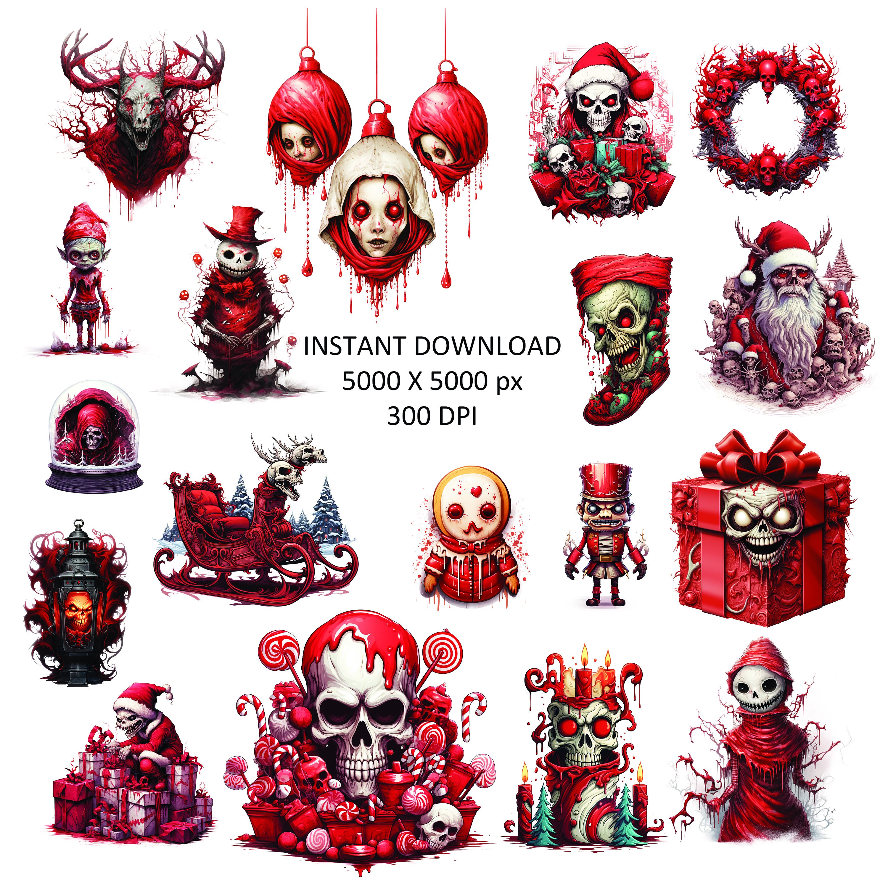 Red Horror Christmas Clipart PNG Set, 35 Commercial Use Transparent PNG ...