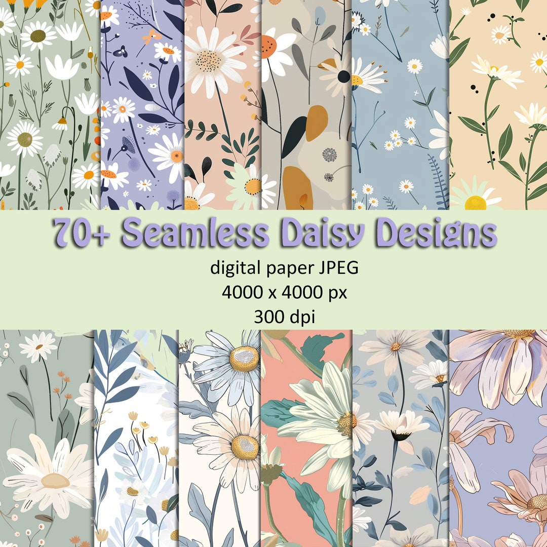 70 Seamless Daisy Designs, Digital Paper, Commercial Use JPEG 4000 X ...