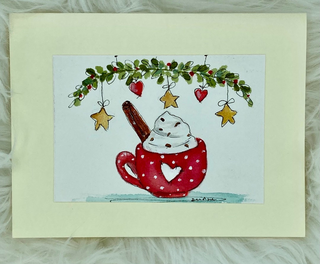 Cozy up With a Cup of Hot Cocoa Hand Painted Watercolor Holiday Card ...
