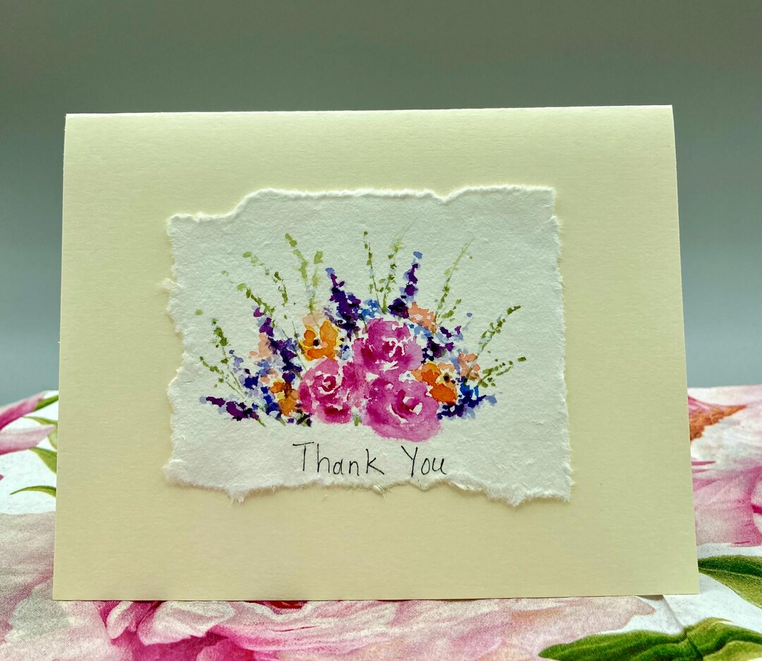 Hand Painted Watercolor Thank You Card — Pink Roses, Lavender & Orange ...