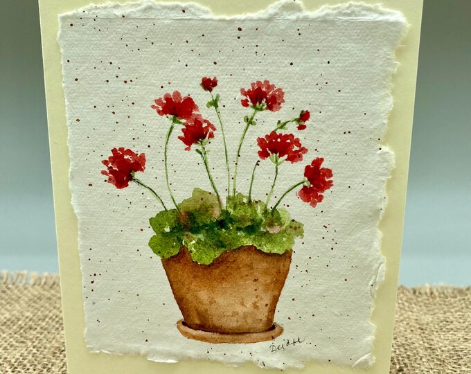 Red Geraniums, Handpainted Watercolor Greeting Card, Original Artwork ...