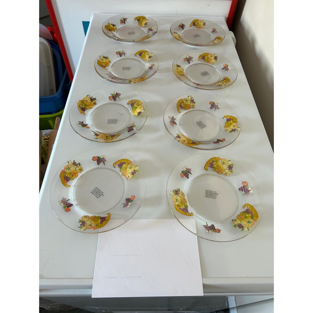 Vintage Harvest Cornucopia Glass Plates Set of 8 Thanksgiving Autumn 7 ...