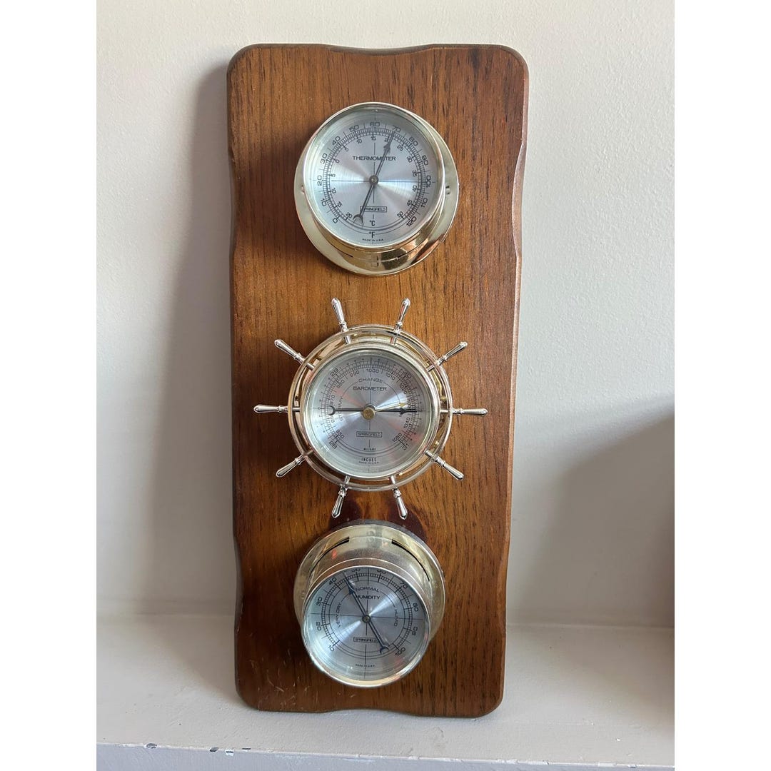 Nautical Weather Station Thermometer Barometer Hygrometer Wood Mount ...