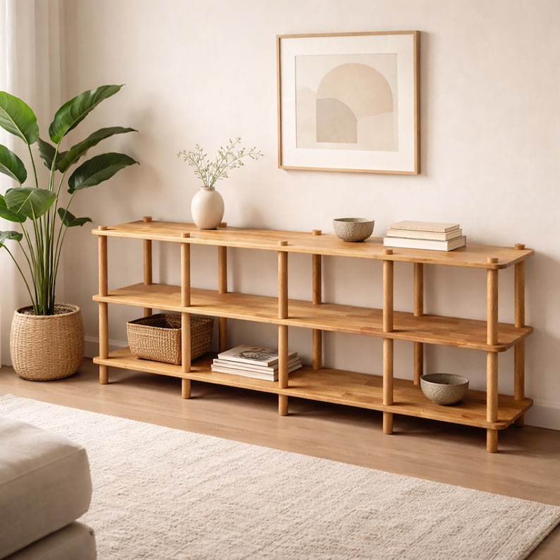 Handmade Beech Wood Media Console: Minimalist TV Stand Bookcase - Etsy