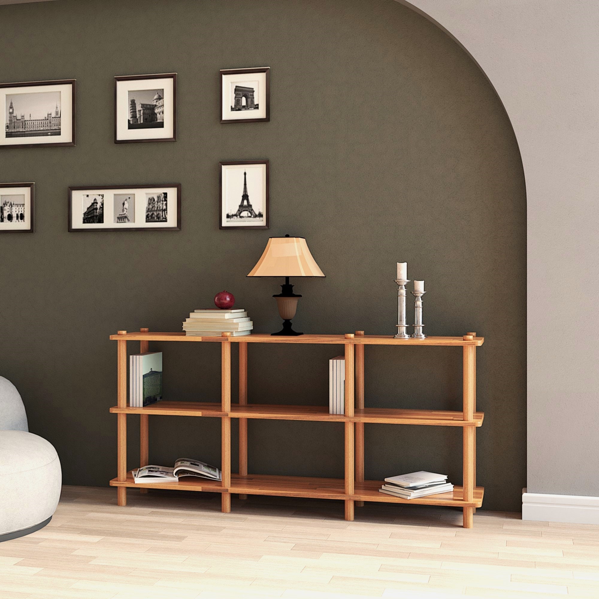 Living Room Short Bookcase With 3 Shelves, Solid Beech Wood Large Media ...