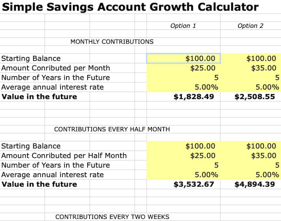 SIMPLE SAVINGS ACCOUNT Growth Calculator Excel Worksheet Template - Etsy