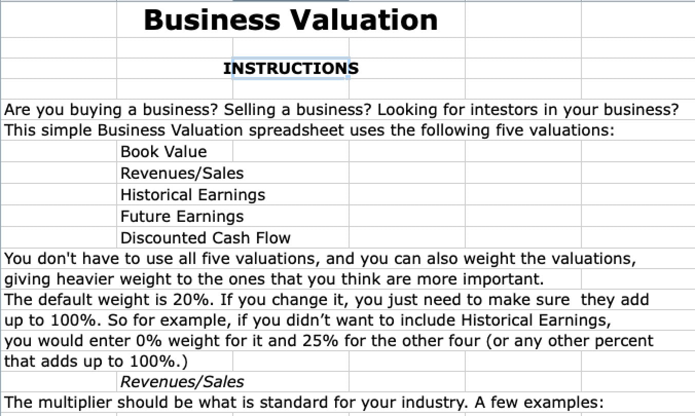 Business Valuation Excel Worksheet Template - Etsy