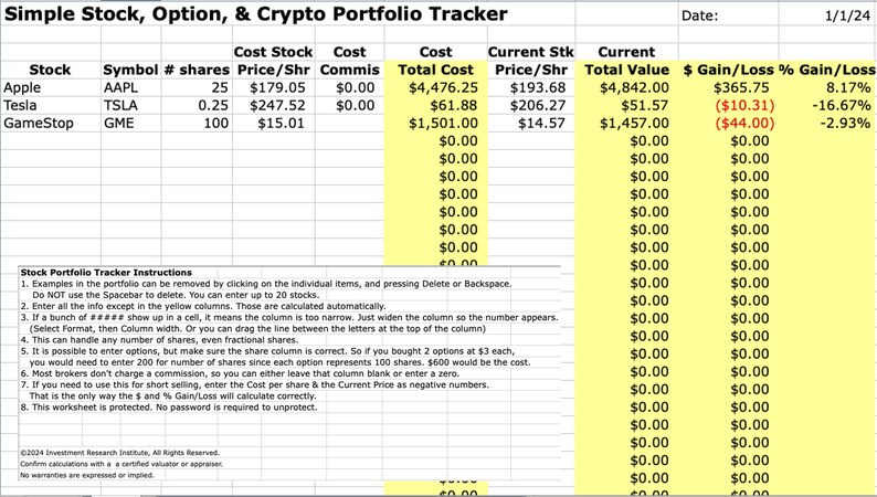 Simple Stock, Option, & Crypto Portfolio Tracker Excel Worksheet ...