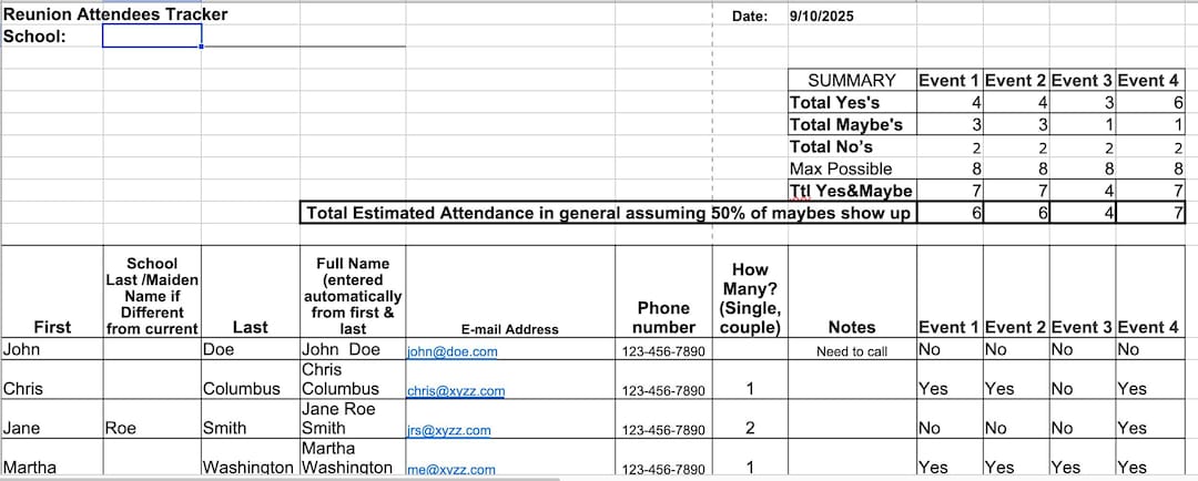 High School Reunion Attendees Planner Tracker Excel Spreadsheet ...