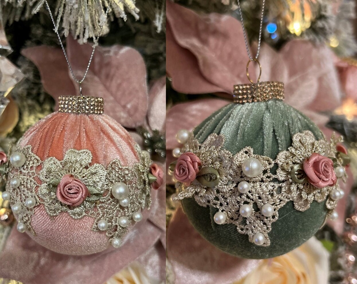 Pink or Sage Vintage Velvet Victorian-style Set of Six Christmas ...