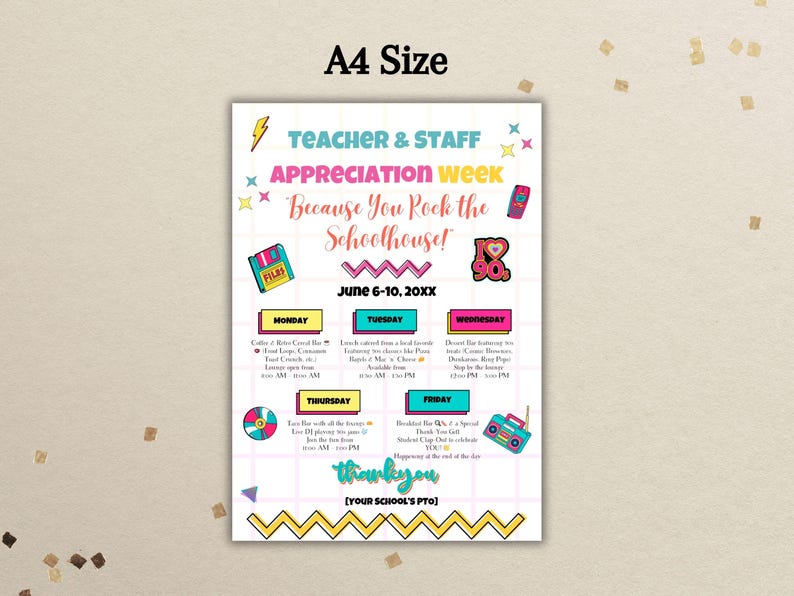 Editable Retro 90s Theme Teacher & Staff Appreciation Itinerary Flyer ...