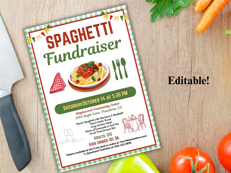 Editable Pasta Night Fundraiser Flyer & Ticket Template, Printable ...