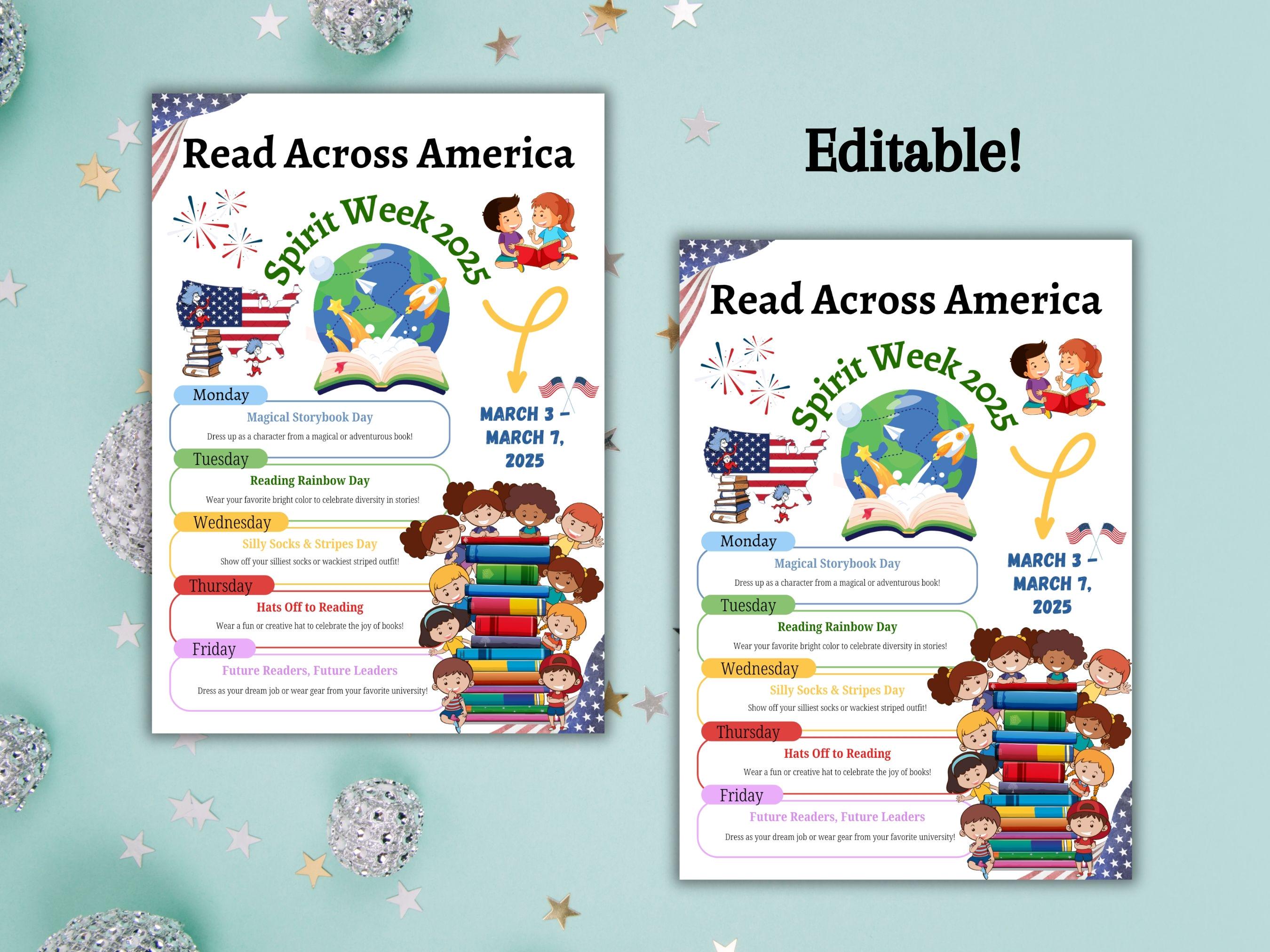 EDITABLE Read Across America Spirit Week Flyer 2025, School Literacy ...