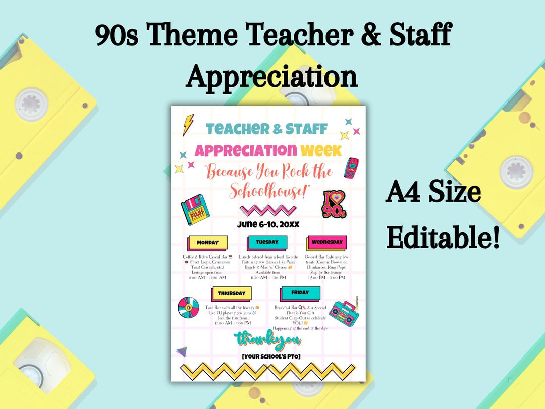 Editable Retro 90s Theme Teacher & Staff Appreciation Itinerary Flyer ...