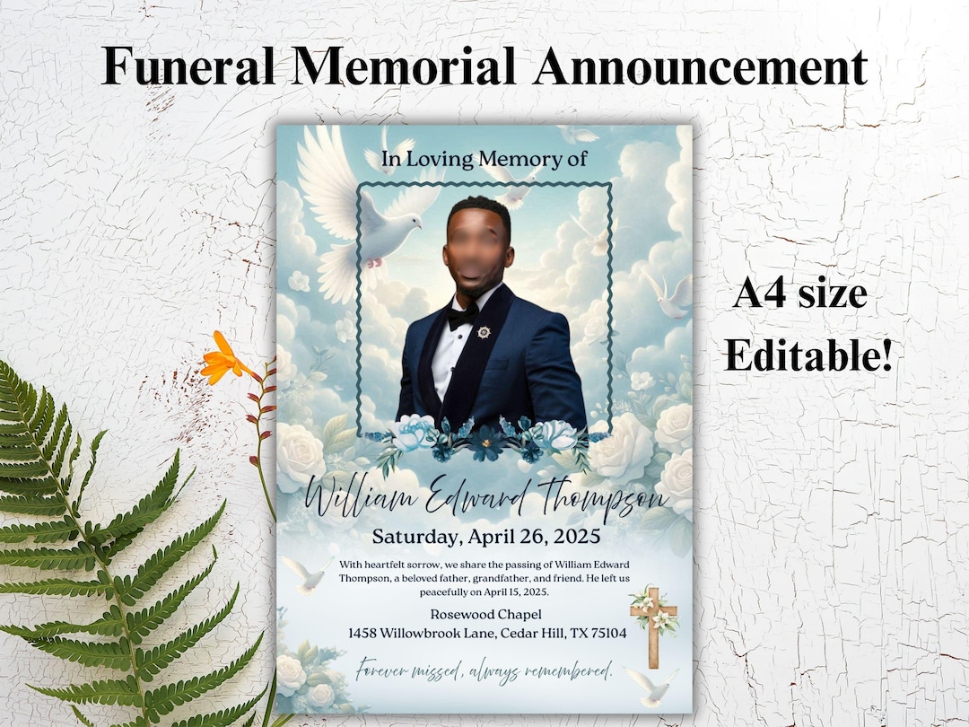 Memorial Service Announcement Template | Memorial Funeral Announcement ...