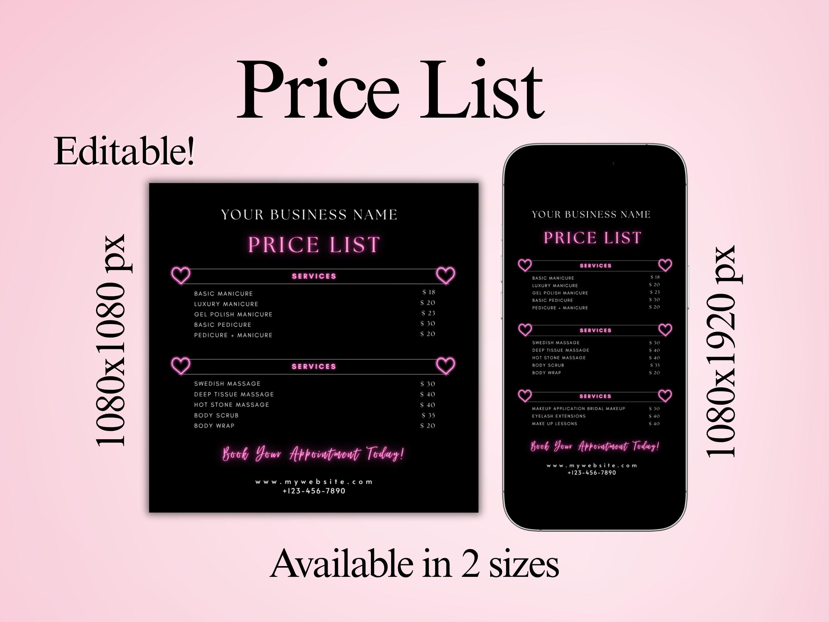 DIY Social Media Price List Template, Hair Lash Nail Price Flyer ...