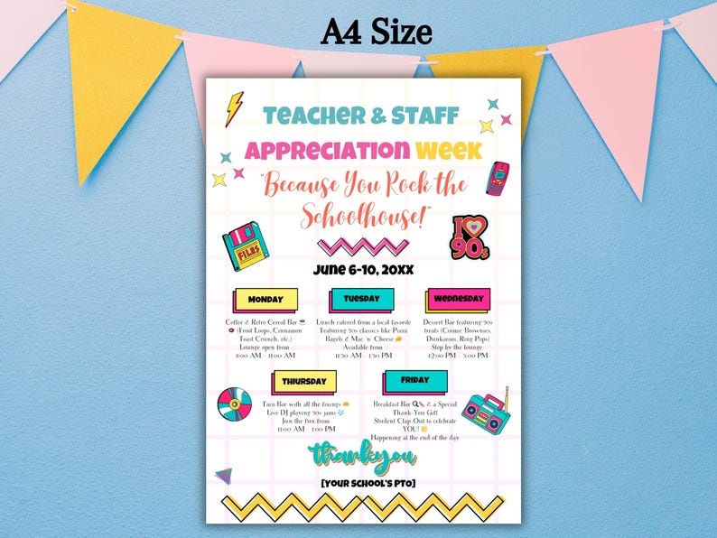 Editable Retro 90s Theme Teacher & Staff Appreciation Itinerary Flyer ...