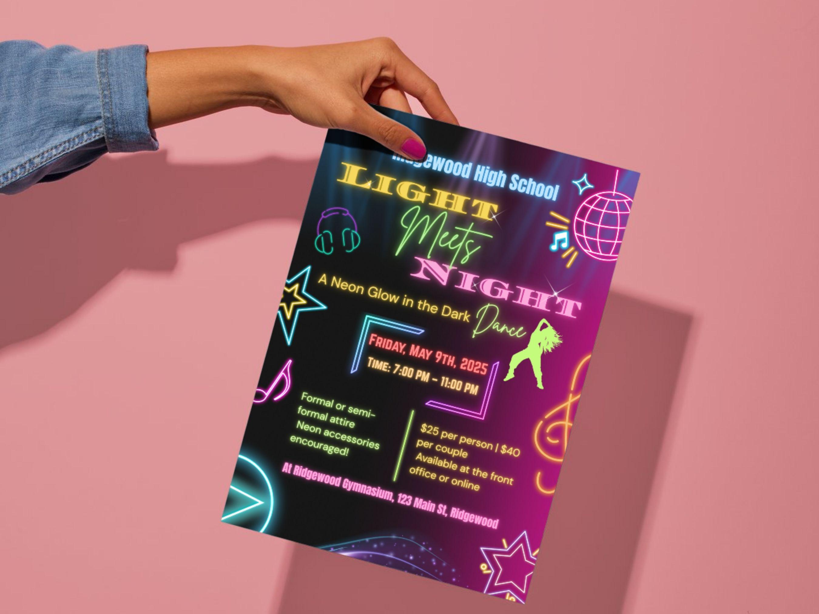 Editable School Dance Invitation Template, Bright Neon Party Flyer ...