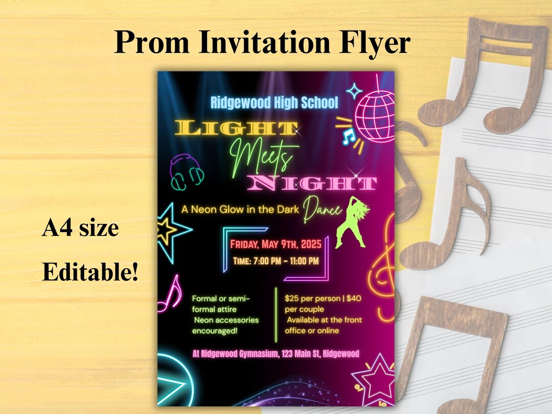 Editable School Dance Invitation Template, Bright Neon Party Flyer ...