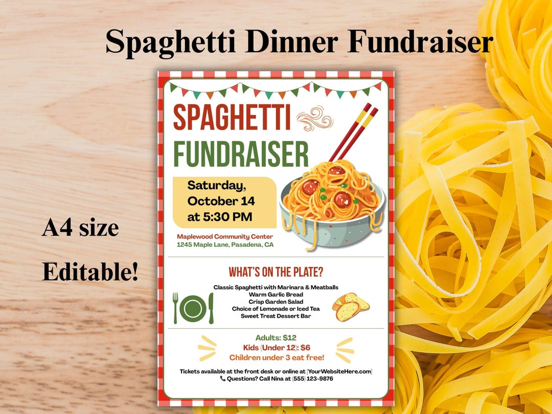 Editable Pasta Night Fundraiser Flyer & Ticket Template, Printable ...