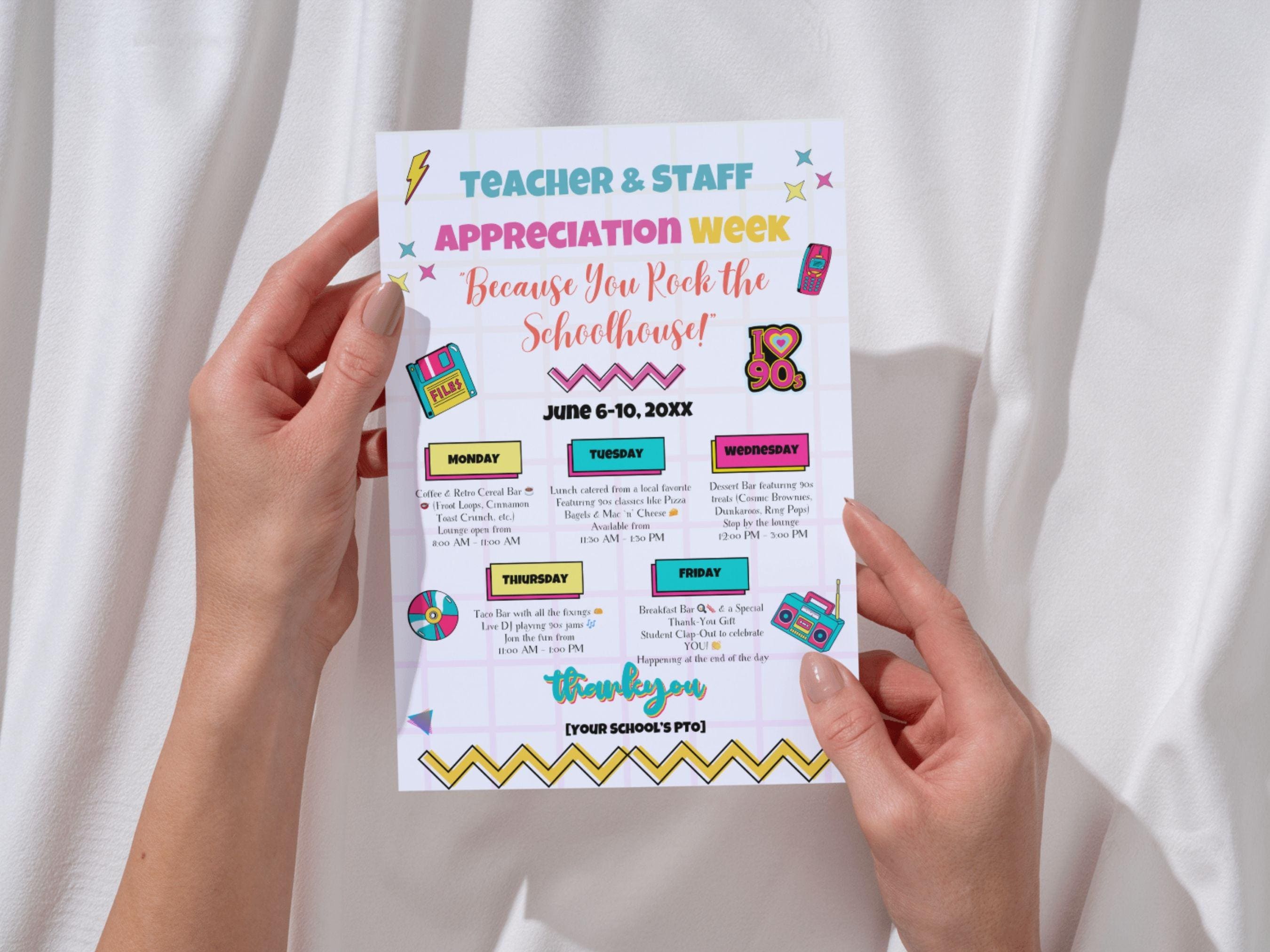 Editable Retro 90s Theme Teacher & Staff Appreciation Itinerary Flyer ...