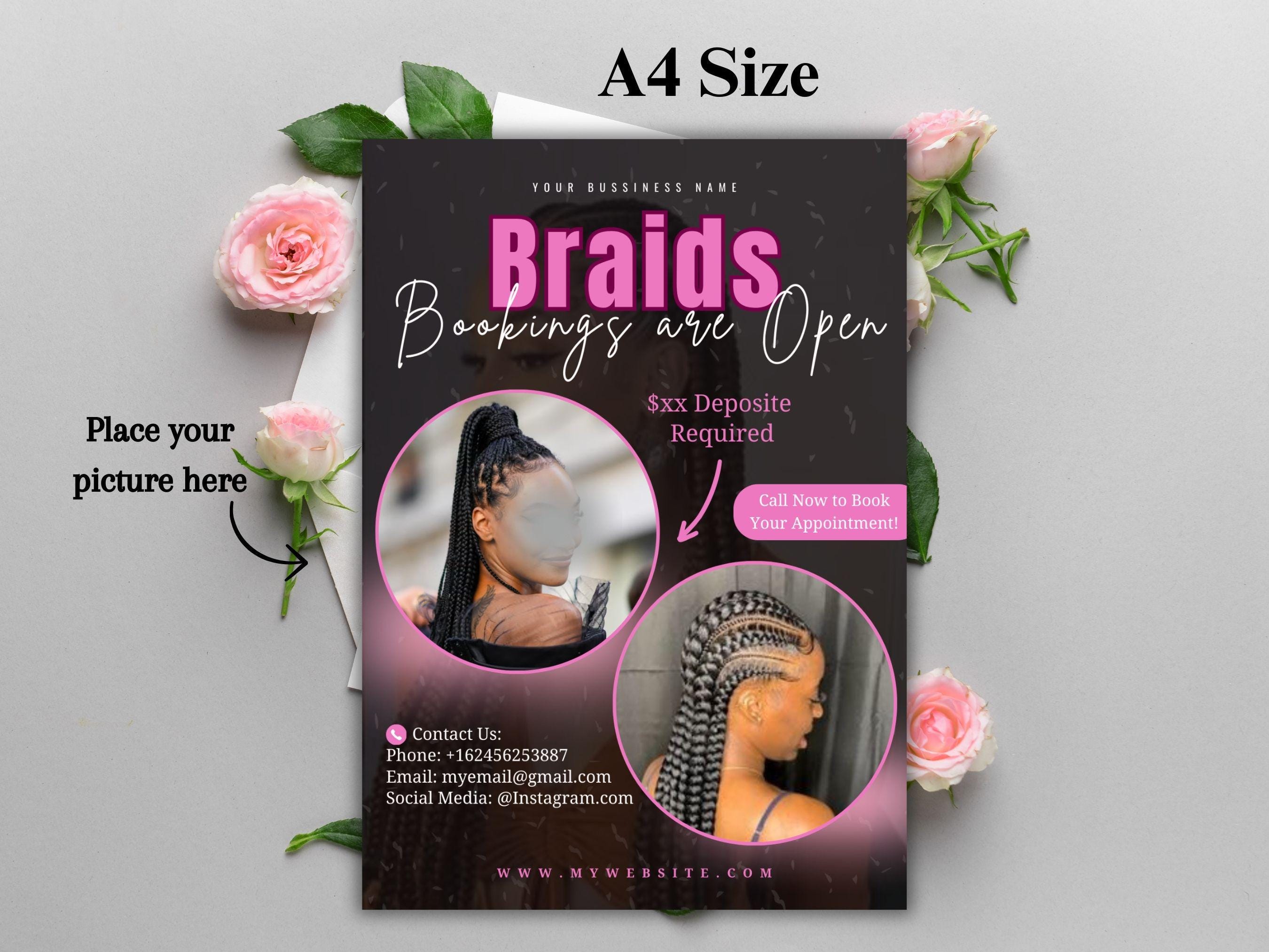 Editable Braids Flyer, Braids Booking Flyer Template, Knotless Braids ...