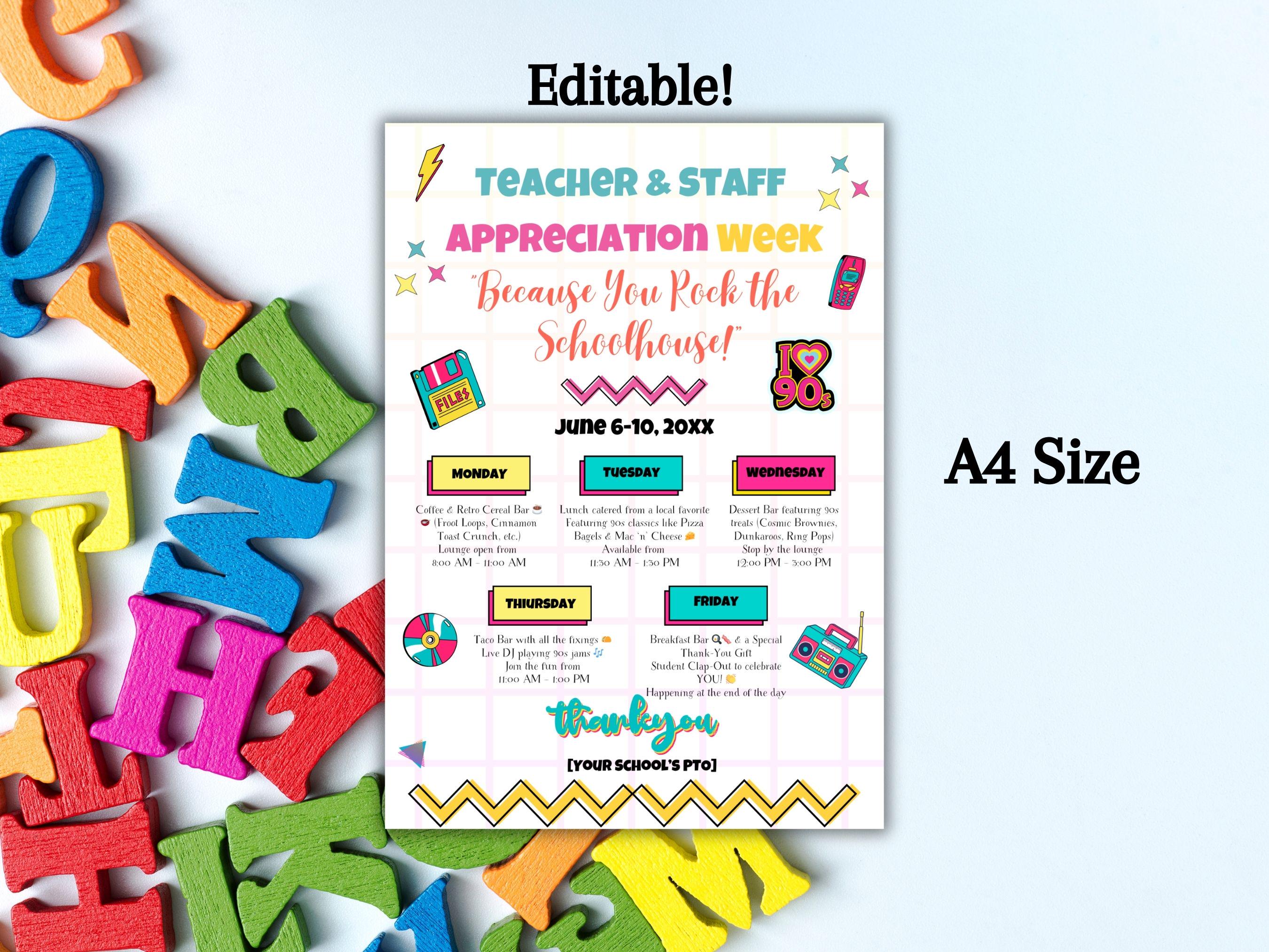 Editable Retro 90s Theme Teacher & Staff Appreciation Itinerary Flyer ...