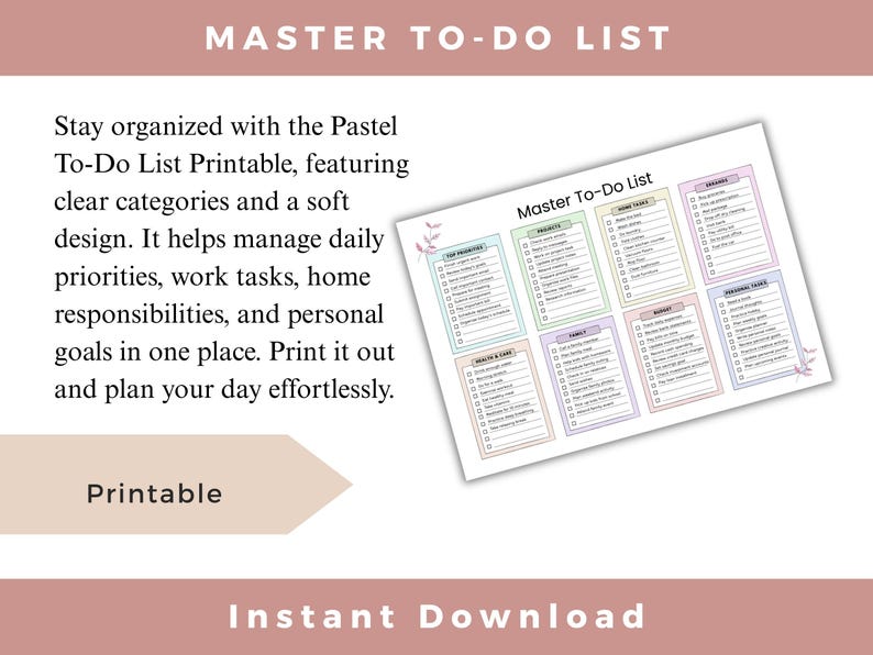 Pastel to Do List Printable | Master Task Checklist | Daily Task ...