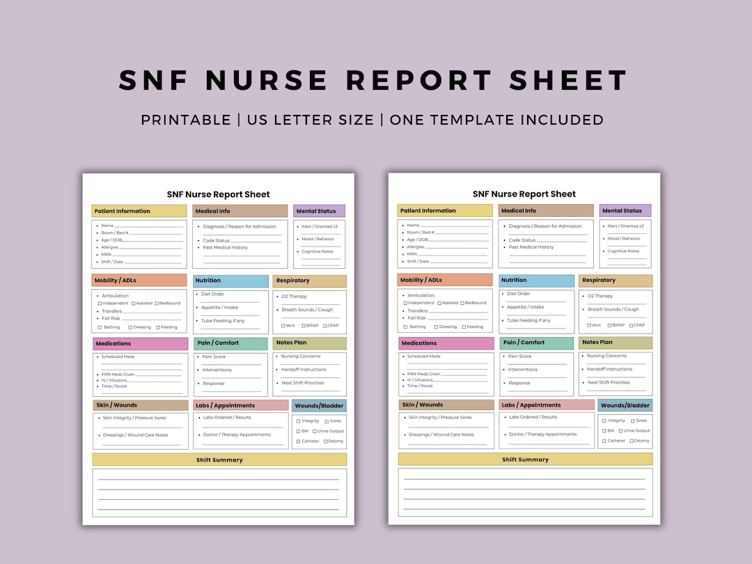 Skilled Nursing Report Sheet Printable | SNF Nurse Cheat Sheet | Rehab ...