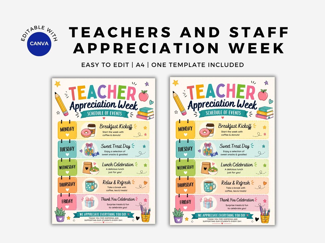 Teacher Appreciation Week Itinerary Flyer Template | Printable Staff ...