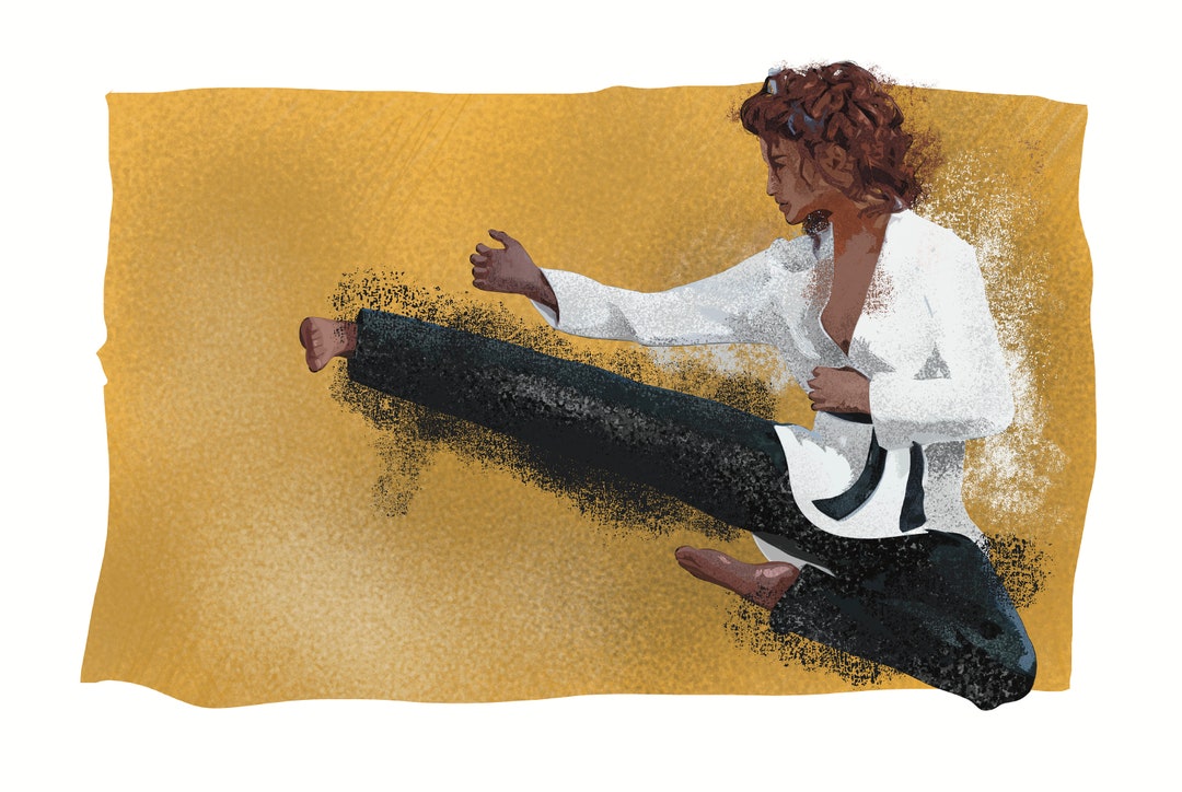 Energetic Female Fighter Jump Side Kick - Captivating Karate Digital ...