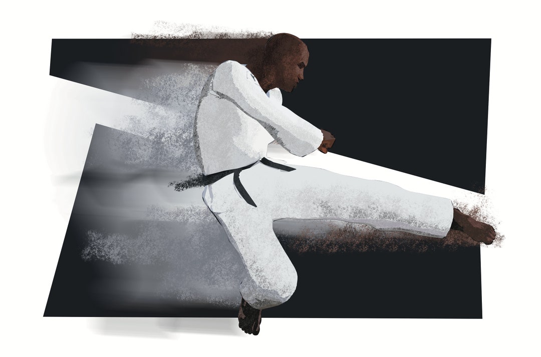 Dynamic Male Martial Artist Jump Side Kick Striking Karate Digital ...