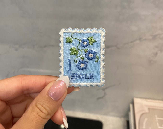 Blue Smile Postage Stamp Embroidery Patch - Iron On, Sew On - Etsy