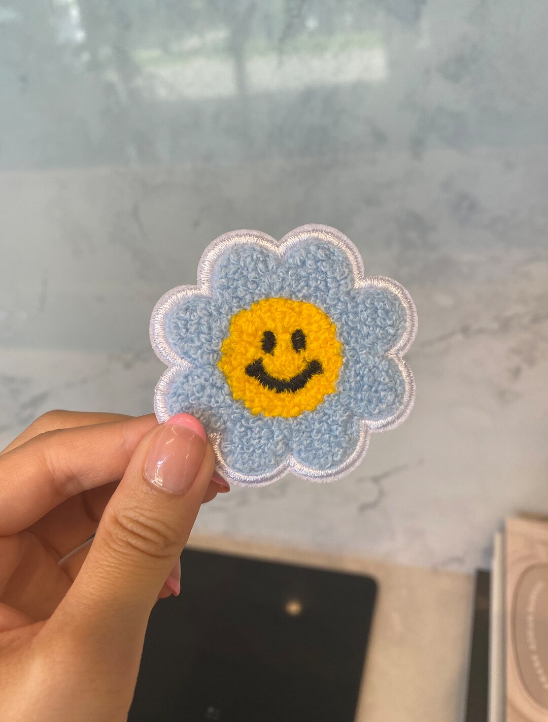 Fuzzy Blue Happy Face Flower Embroidery Patch - Iron On, Sew On - Etsy