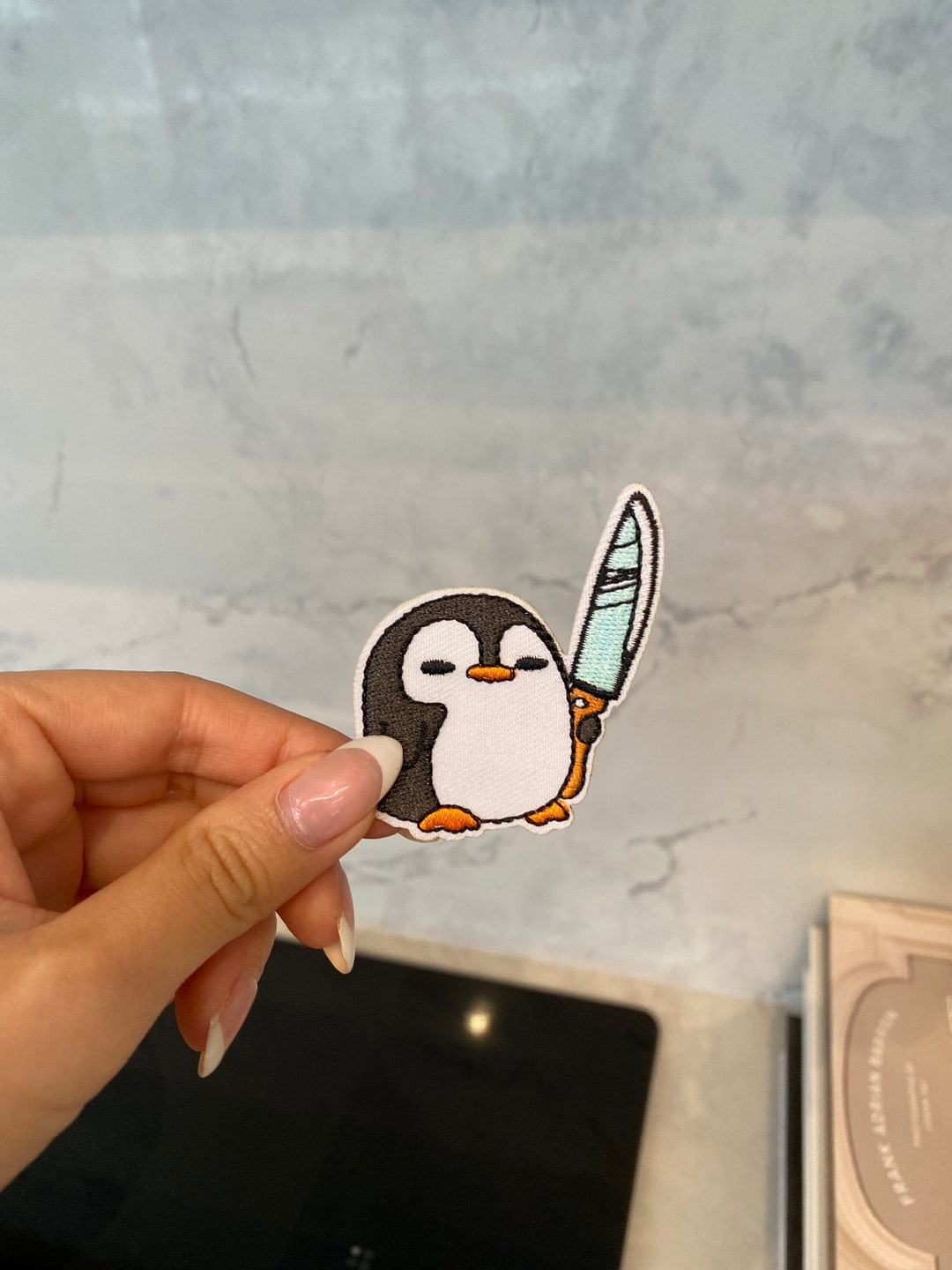 Penguin Holding Knife Embroidery Patch - Iron On, Sew On, Funny Patch ...