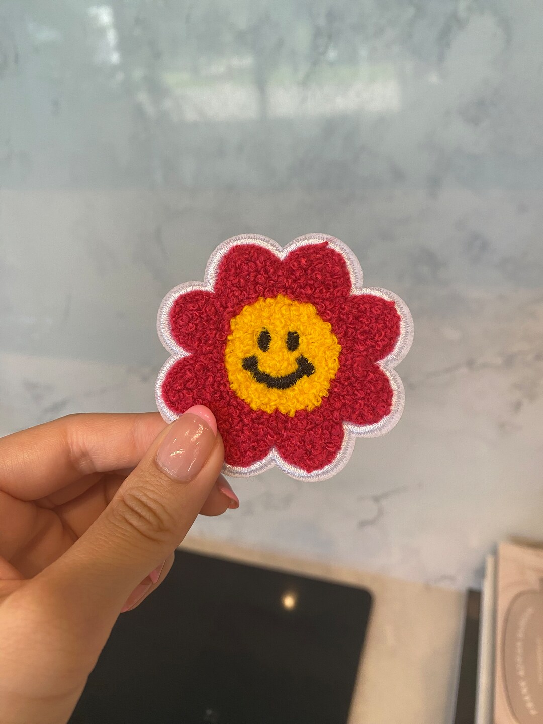 Fuzzy Red Happy Face Flower Embroidery Patch - Iron On, Sew On - Etsy